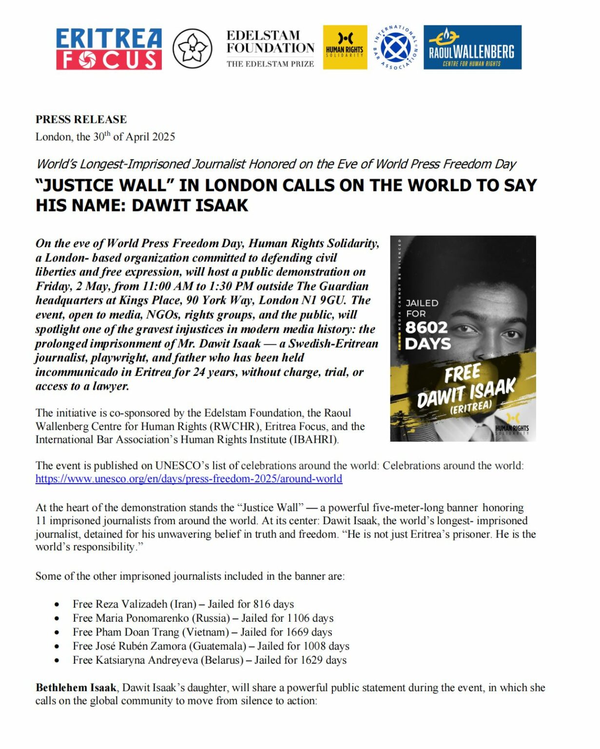 “JUSTICE WALL” IN LONDON CALLS ON THE WORLD TO SAYHIS NAME: DAWIT ISAAK ...